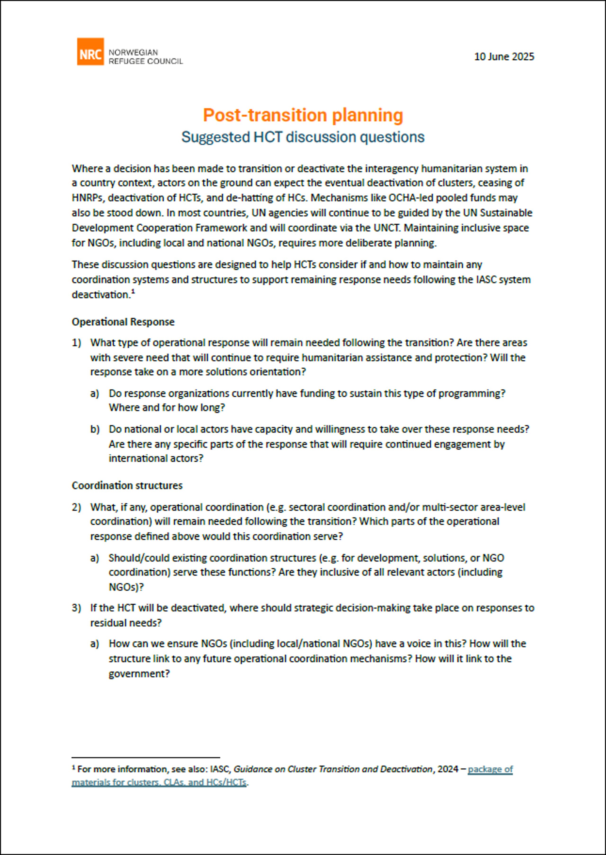 Post-transition planning: suggested HCT discussion questions | NRC