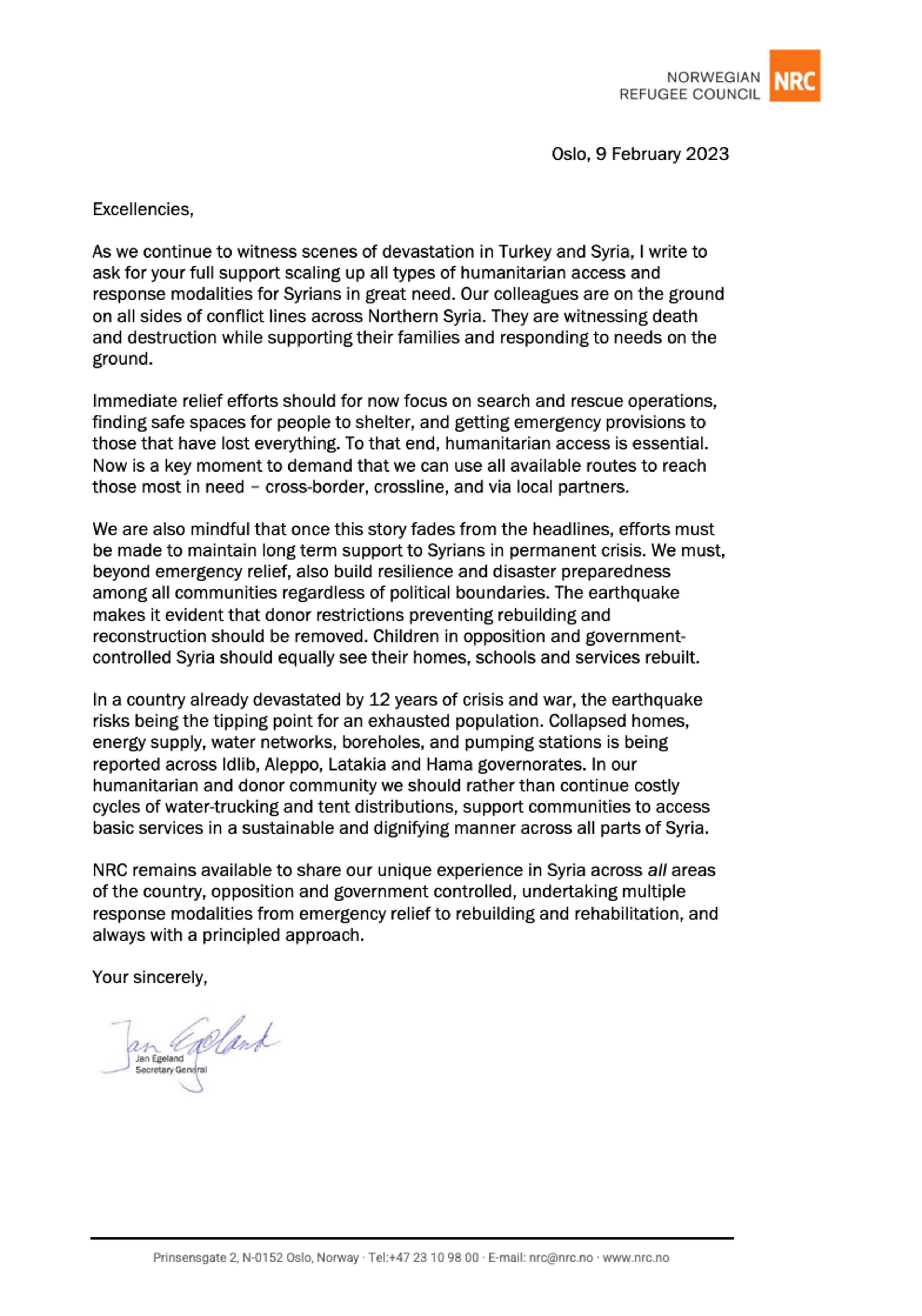 Letter to donors on earthquake in Syria | NRC