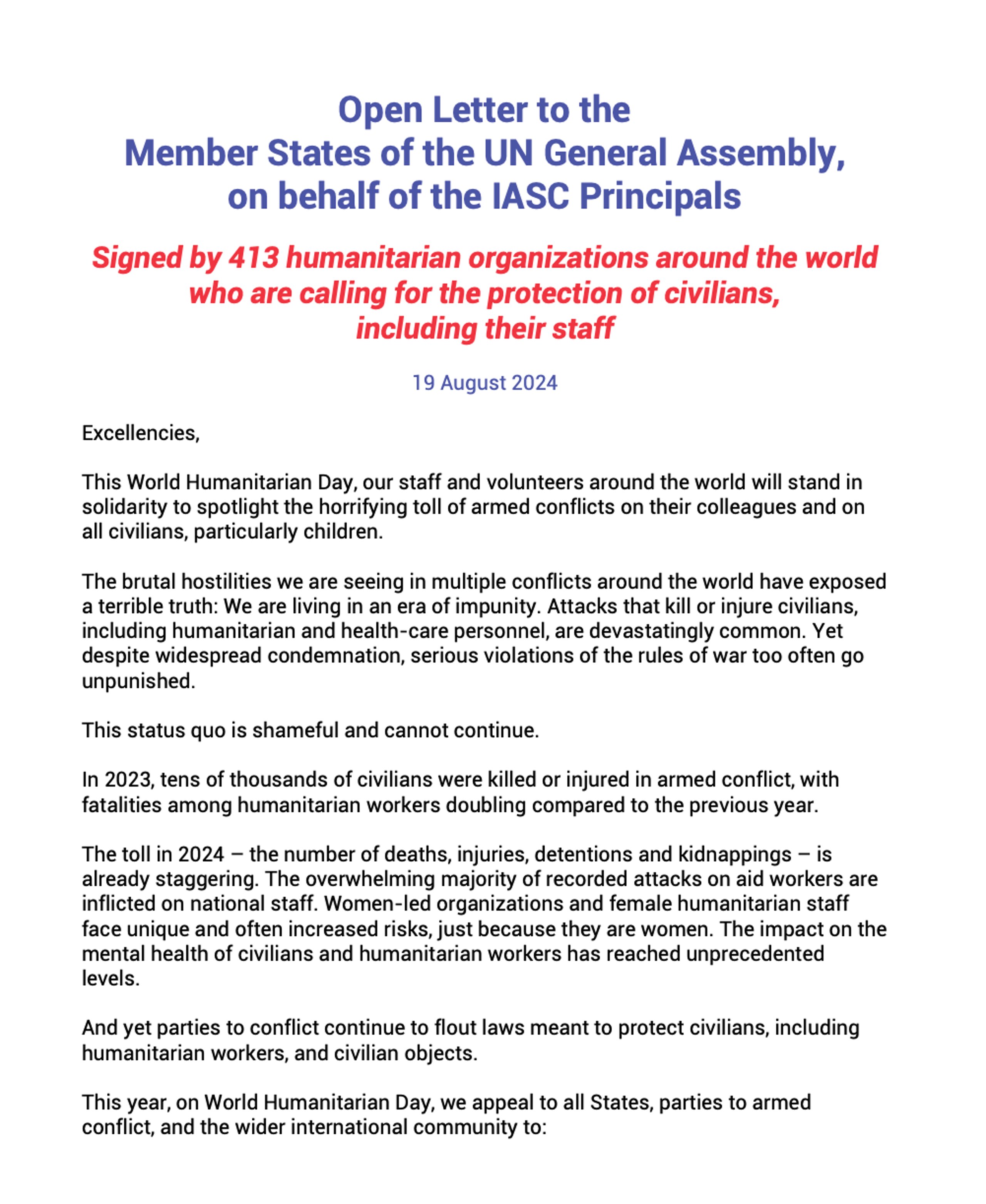 Open Letter to the Member States of the UN General Assembly, on behalf ...
